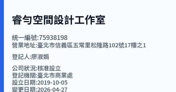 睿勻空間設計工作室的照片-統編 75938198(臺北市) 公司登記資料與營業項目詳細圖表