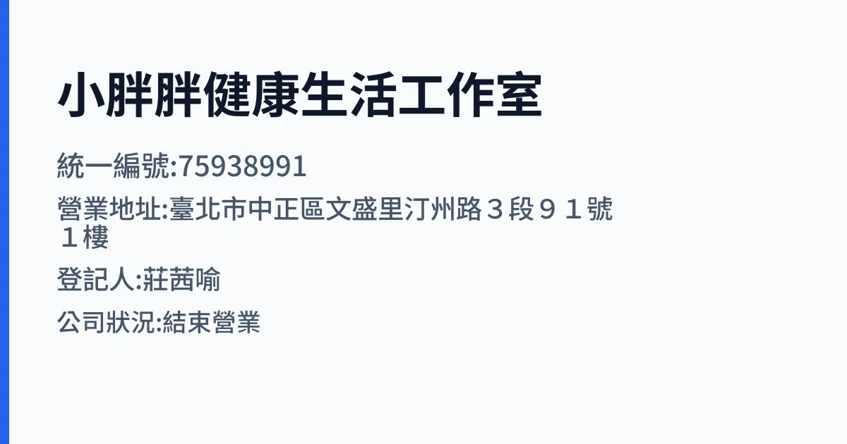 小胖胖健康生活工作室 - 統編 75938991(臺北市) 公司登記資料與營業項目詳細圖表