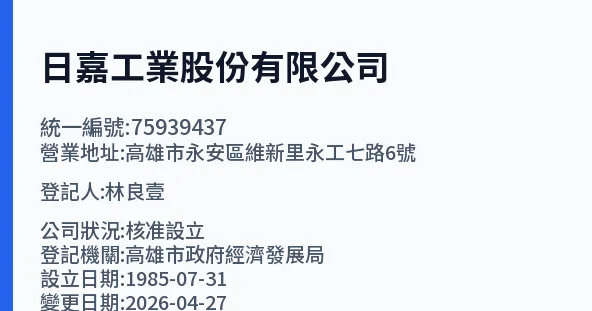 日嘉工業股份有限公司的照片-統編 75939437(高雄市) 公司登記資料與營業項目詳細圖表