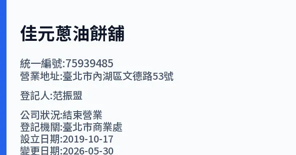 佳元蔥油餅舖的照片-統編 75939485(臺北市) 公司登記資料與營業項目詳細圖表