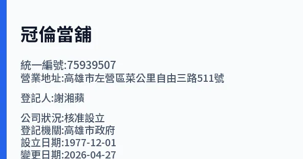 冠倫當舖的照片-統編 75939507(高雄市) 公司登記資料與營業項目詳細圖表