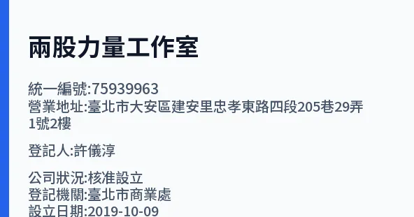 兩股力量工作室的照片-統編 75939963(臺北市) 公司登記資料與營業項目詳細圖表