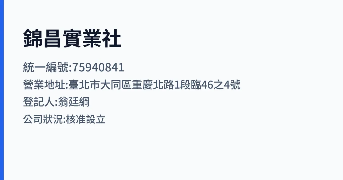 錦昌實業社 - 統編 75940841(臺北市) 公司登記資料與營業項目詳細圖表