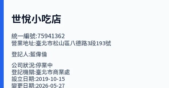 世悅小吃店的照片-統編 75941362(臺北市) 公司登記資料與營業項目詳細圖表