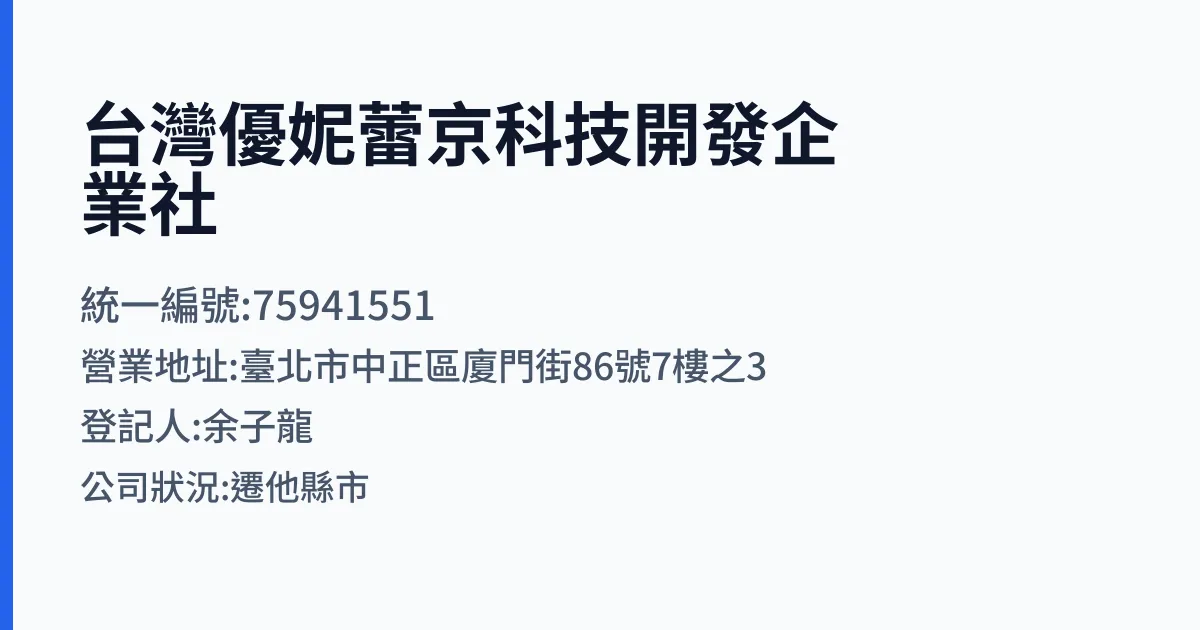 台灣優妮蕾京科技開發企業社 - 統編 75941551(臺中市) 公司登記資料與營業項目詳細圖表