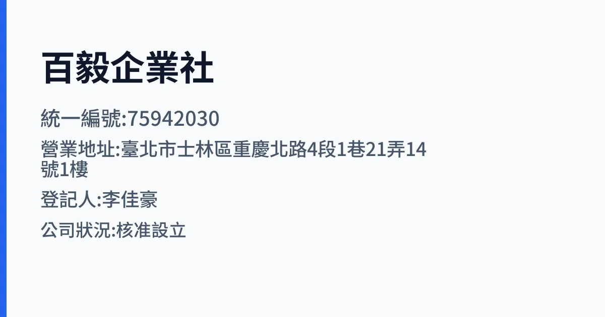 百毅企業社 - 統編 75942030(臺北市) 公司登記資料與營業項目詳細圖表