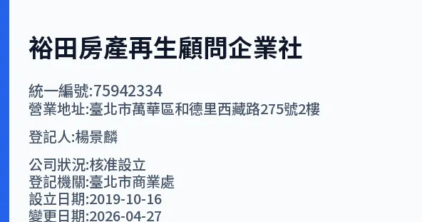 裕田房產再生顧問企業社的照片-統編 75942334(臺北市) 公司登記資料與營業項目詳細圖表