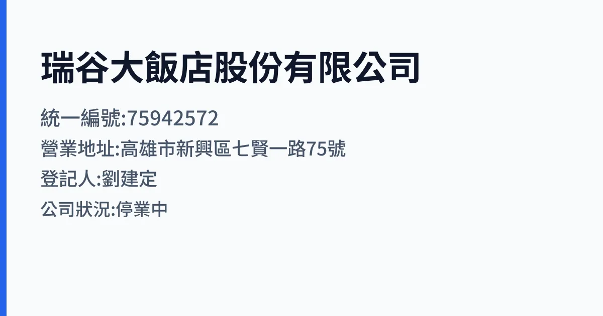 瑞谷大飯店股份有限公司 - 統編 75942572(高雄市) 公司登記資料與營業項目詳細圖表