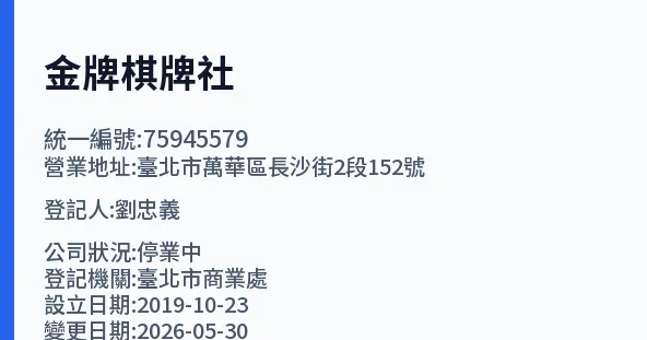 金牌棋牌社的照片-統編 75945579(臺北市) 公司登記資料與營業項目詳細圖表