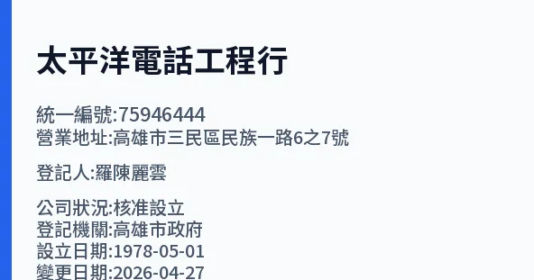 太平洋電話工程行的照片-統編 75946444(高雄市) 公司登記資料與營業項目詳細圖表