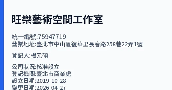 旺樂藝術空間工作室的照片-統編 75947719(臺北市) 公司登記資料與營業項目詳細圖表