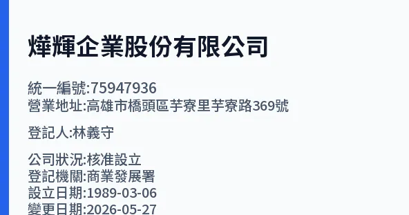 燁輝企業股份有限公司的照片-統編 75947936(高雄市) 公司登記資料與營業項目詳細圖表