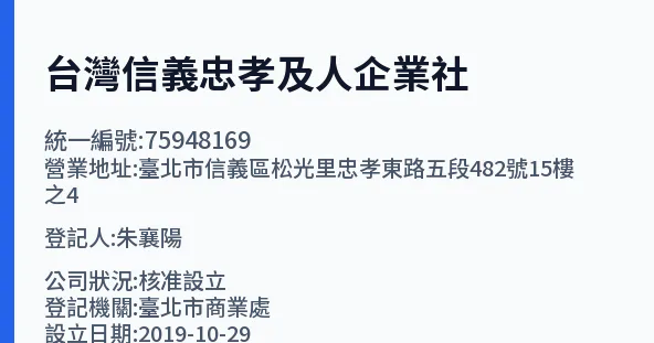 台灣信義忠孝及人企業社的照片-統編 75948169(臺北市) 公司登記資料與營業項目詳細圖表