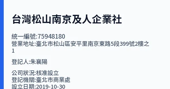台灣松山南京及人企業社的照片-統編 75948180(臺北市) 公司登記資料與營業項目詳細圖表