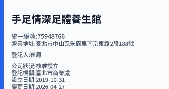手足情深足體養生館的照片-統編 75948766(臺北市) 公司登記資料與營業項目詳細圖表