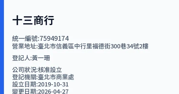 十三商行的照片-統編 75949174(臺北市) 公司登記資料與營業項目詳細圖表