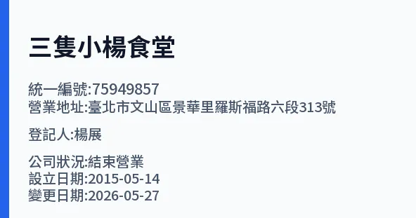 三隻小楊食堂的照片-統編 75949857(臺北市) 公司登記資料與營業項目詳細圖表