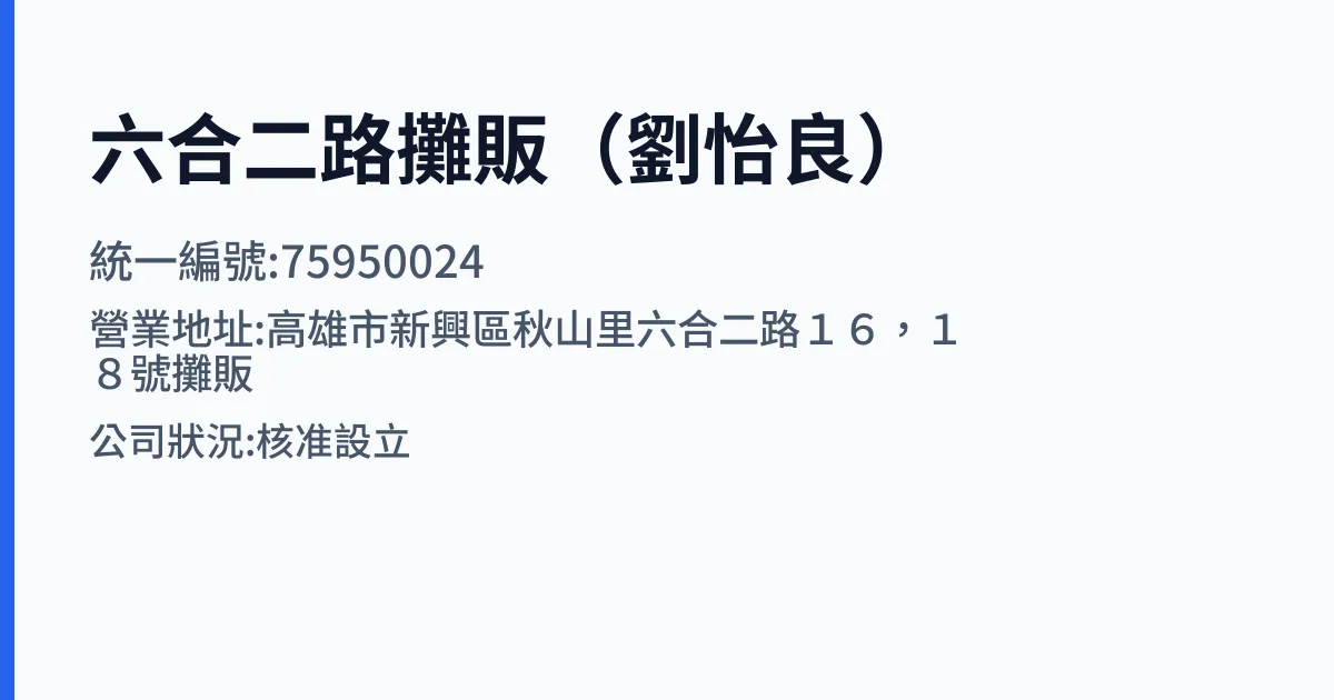 六合二路攤販（劉怡良） - 統編 75950024(高雄市) 公司登記資料與營業項目詳細圖表