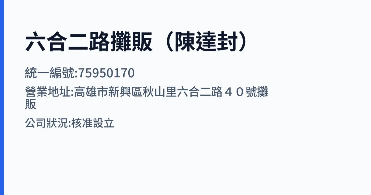 六合二路攤販（陳達封） - 統編 75950170(高雄市) 公司登記資料與營業項目詳細圖表