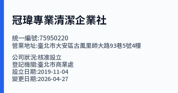 冠瑋專業清潔企業社的照片-統編 75950220(臺北市) 公司登記資料與營業項目詳細圖表