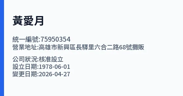 黃愛月的照片-統編 75950354(高雄市) 公司登記資料與營業項目詳細圖表