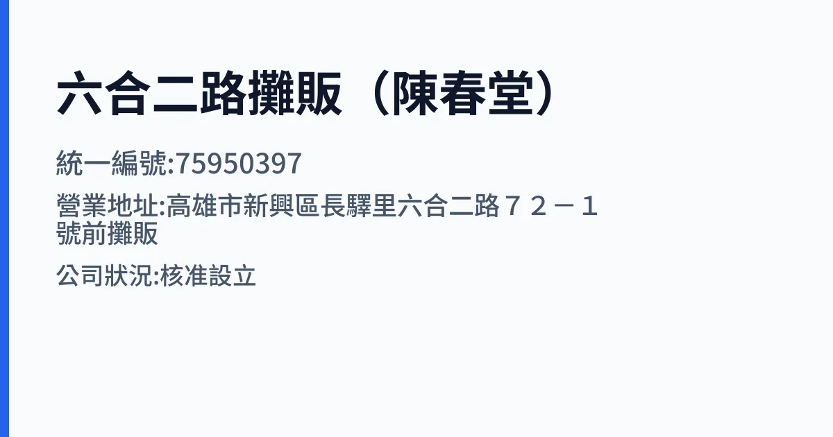 六合二路攤販（陳春堂） - 統編 75950397(高雄市) 公司登記資料與營業項目詳細圖表