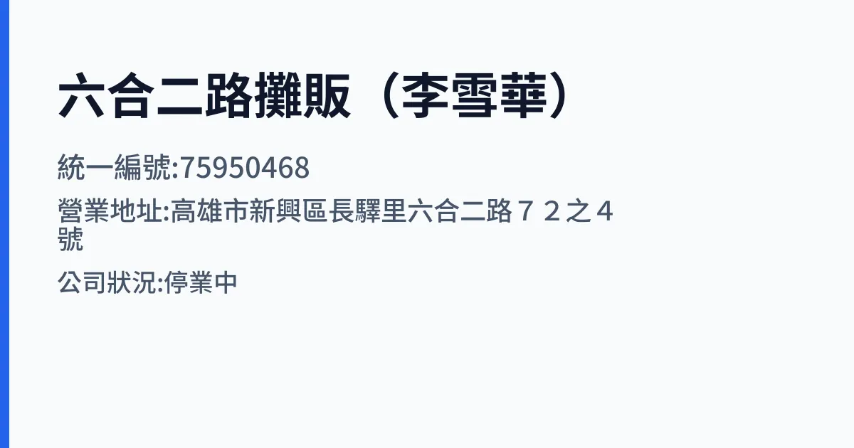 六合二路攤販（李雪華） - 統編 75950468(高雄市) 公司登記資料與營業項目詳細圖表