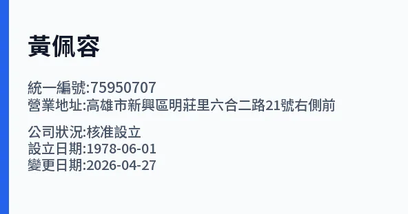 黃佩容的照片-統編 75950707(高雄市) 公司登記資料與營業項目詳細圖表