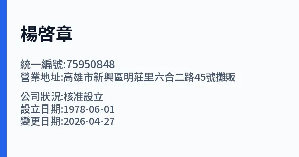 楊啓章的照片-統編 75950848(高雄市) 公司登記資料與營業項目詳細圖表