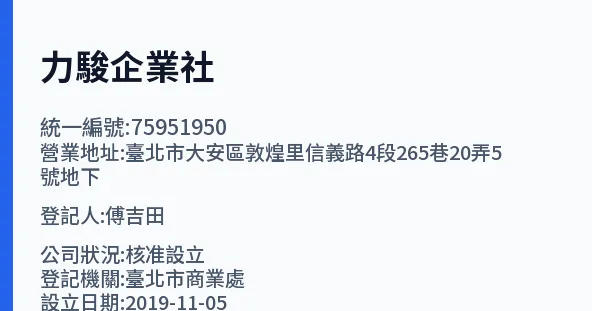 力駿企業社的照片-統編 75951950(臺北市) 公司登記資料與營業項目詳細圖表