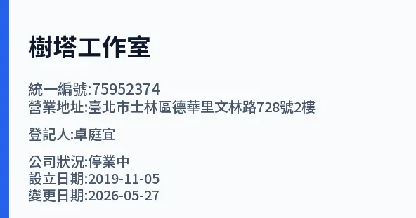 樹塔工作室的照片-統編 75952374(臺北市) 公司登記資料與營業項目詳細圖表
