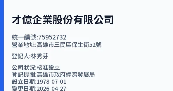 才億企業股份有限公司的照片-統編 75952732(高雄市) 公司登記資料與營業項目詳細圖表