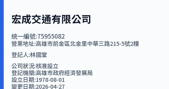 宏成交通有限公司的照片-統編 75955082(高雄市) 公司登記資料與營業項目詳細圖表