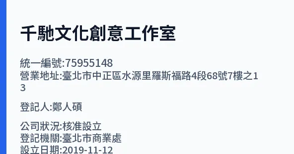 千馳文化創意工作室的照片-統編 75955148(臺北市) 公司登記資料與營業項目詳細圖表