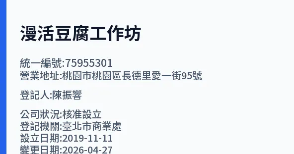 漫活豆腐工作坊的照片-統編 75955301(桃園市) 公司登記資料與營業項目詳細圖表