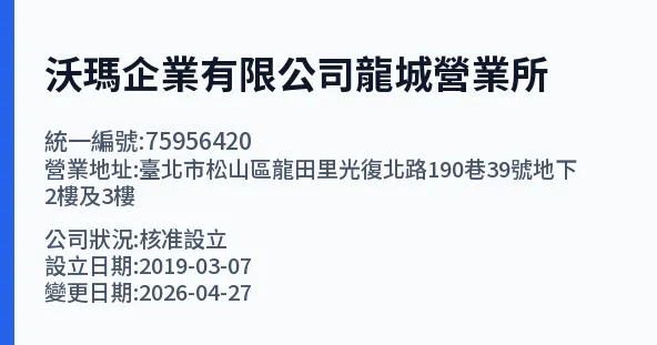沃瑪企業有限公司龍城營業所的照片-統編 75956420(臺北市) 公司登記資料與營業項目詳細圖表