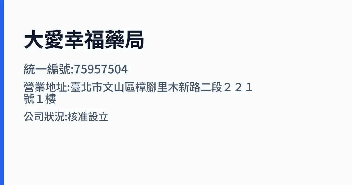 大愛幸福藥局 - 統編 75957504(臺北市) 公司登記資料與營業項目詳細圖表
