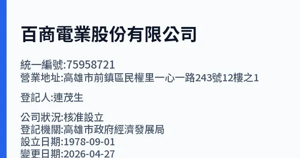 百商電業股份有限公司的照片-統編 75958721(高雄市) 公司登記資料與營業項目詳細圖表