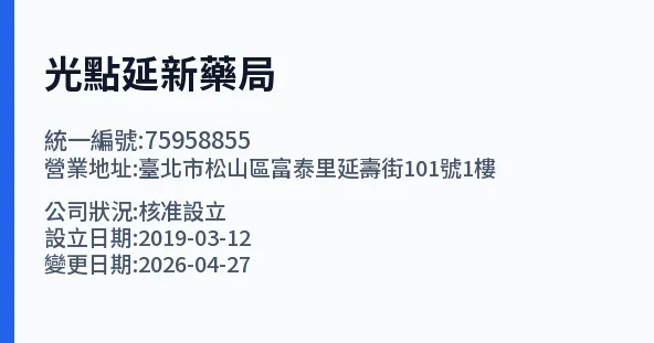 光點延新藥局的照片-統編 75958855(臺北市) 公司登記資料與營業項目詳細圖表