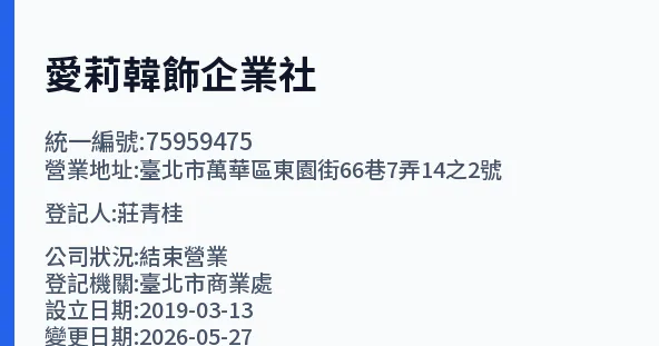 愛莉韓飾企業社的照片-統編 75959475(臺北市) 公司登記資料與營業項目詳細圖表