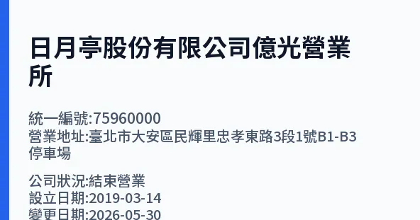日月亭股份有限公司億光營業所的照片-統編 75960000(臺北市) 公司登記資料與營業項目詳細圖表
