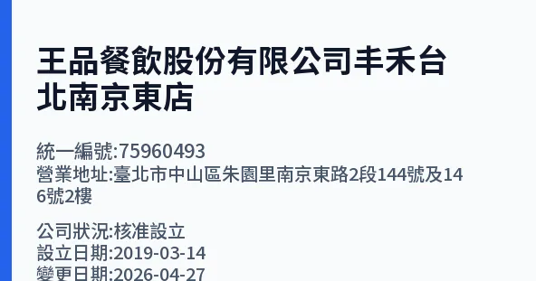 王品餐飲股份有限公司丰禾台北南京東店的照片-統編 75960493(臺北市) 公司登記資料與營業項目詳細圖表