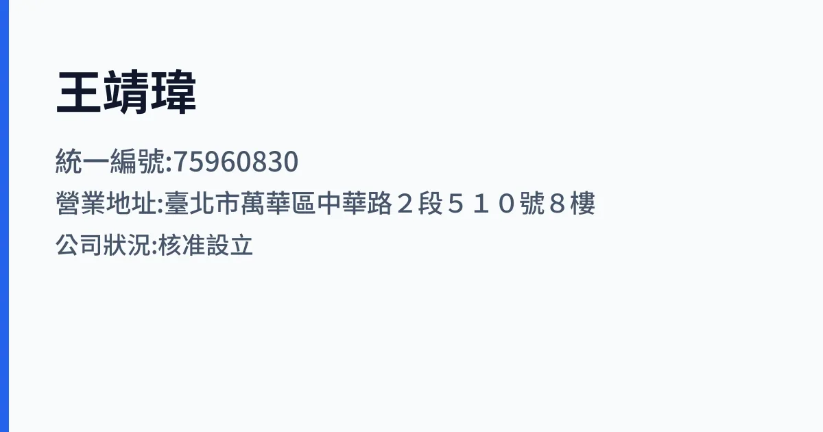 王靖瑋 - 統編 75960830(臺北市) 公司登記資料與營業項目詳細圖表