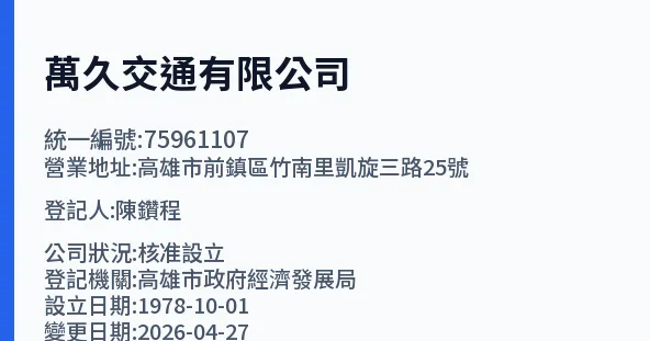 萬久交通有限公司的照片-統編 75961107(高雄市) 公司登記資料與營業項目詳細圖表