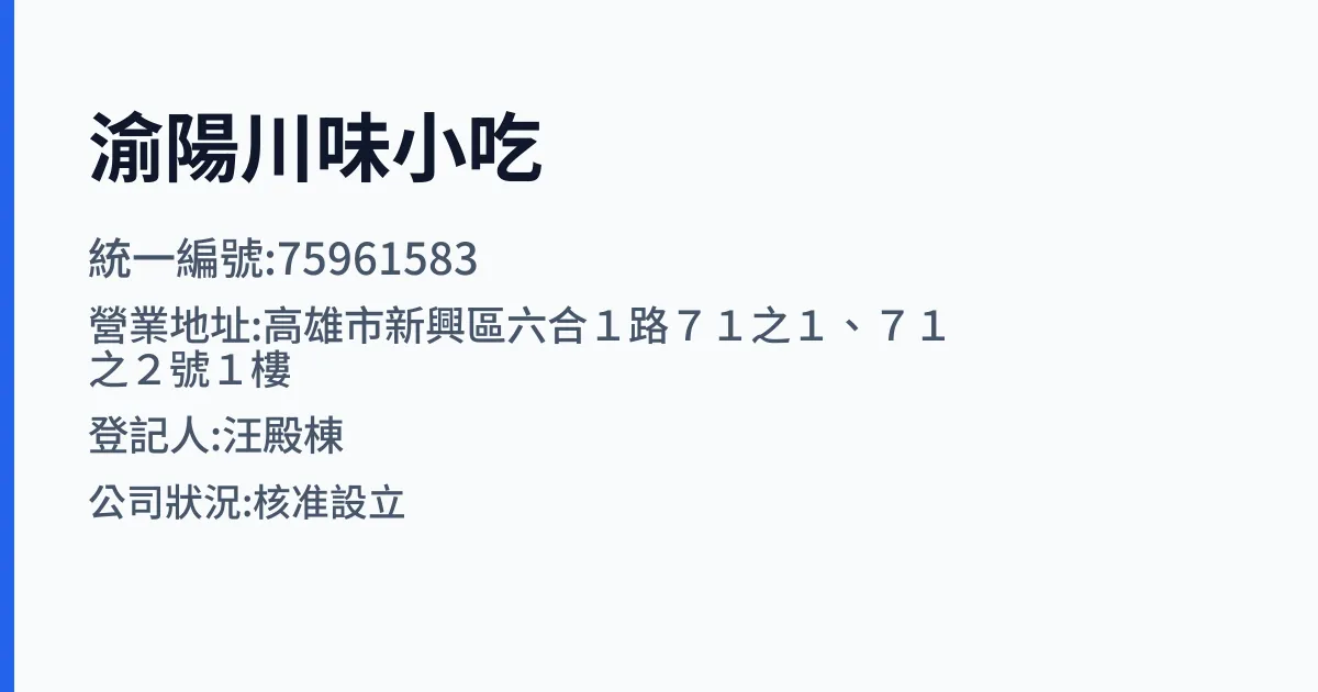 渝陽川味小吃 - 統編 75961583(高雄市) 公司登記資料與營業項目詳細圖表