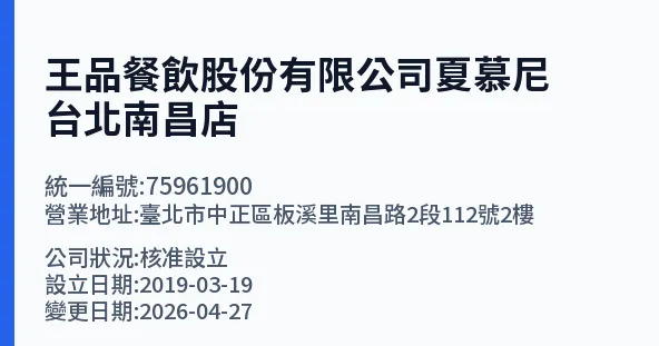 王品餐飲股份有限公司夏慕尼台北南昌店的照片-統編 75961900(臺北市) 公司登記資料與營業項目詳細圖表