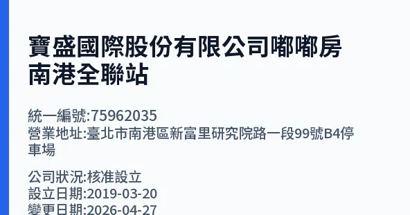 寶盛國際股份有限公司嘟嘟房南港全聯站的照片-統編 75962035(臺北市) 公司登記資料與營業項目詳細圖表