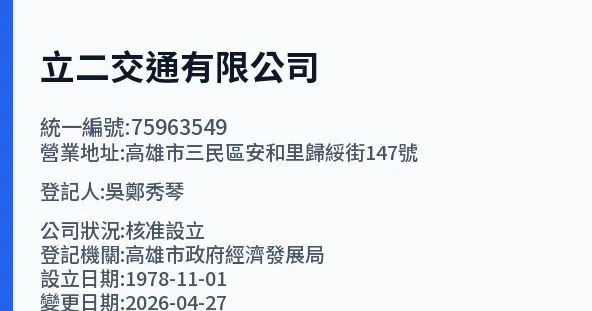 立二交通有限公司的照片-統編 75963549(高雄市) 公司登記資料與營業項目詳細圖表