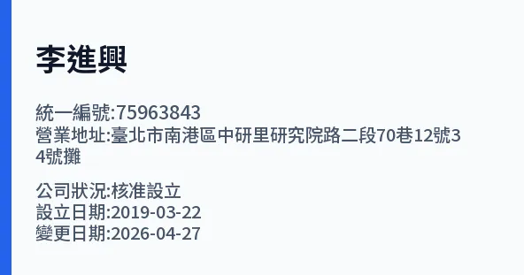 李進興的照片-統編 75963843(臺北市) 公司登記資料與營業項目詳細圖表