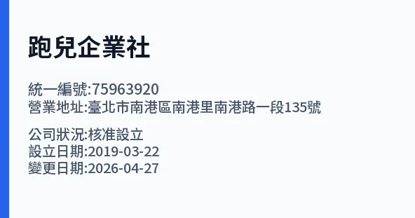 跑兒企業社的照片-統編 75963920(臺北市) 公司登記資料與營業項目詳細圖表